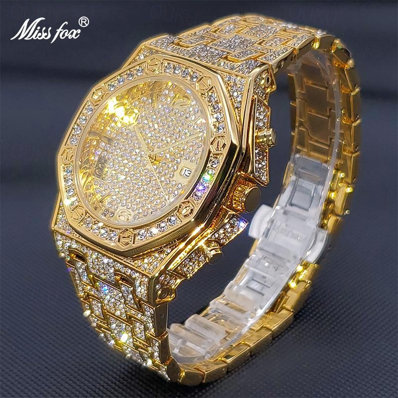 Gold Watch For Men Luxury Diamond Big Wrist Quartz Watches With Calendar Bussiness Hip Hop Large Male Hand Clock Dropshipping 2025 kr. 469
