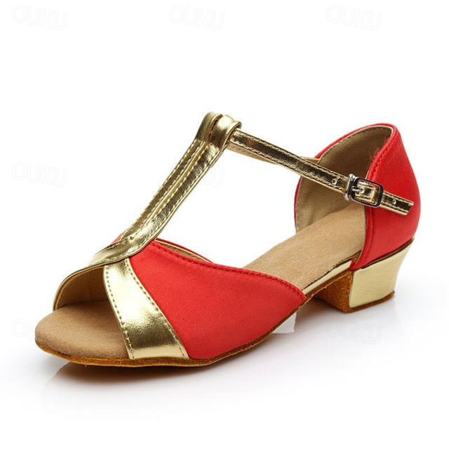 Girls' Gold and Black T-Strap Dance Shoes – Low Heel Ballroom Latin ...