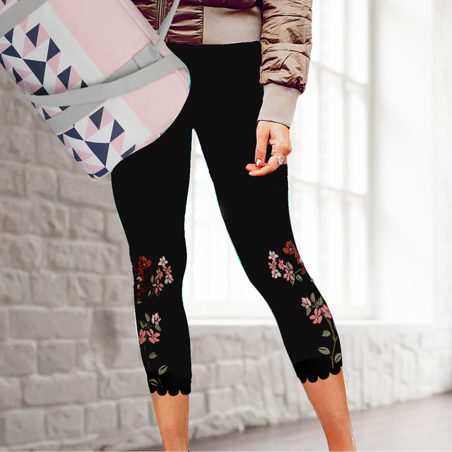 Femme Gym Legging Sport Pantalon de yoga Taille haute Spandex Noir Jambières Capri Floral ...