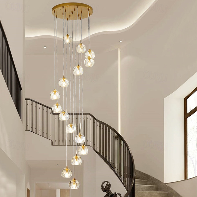 Chandelier LED Crystal 15-Light 50 cm Flush Mount Lights Spiral Staircase Long Chandelier Villa ...