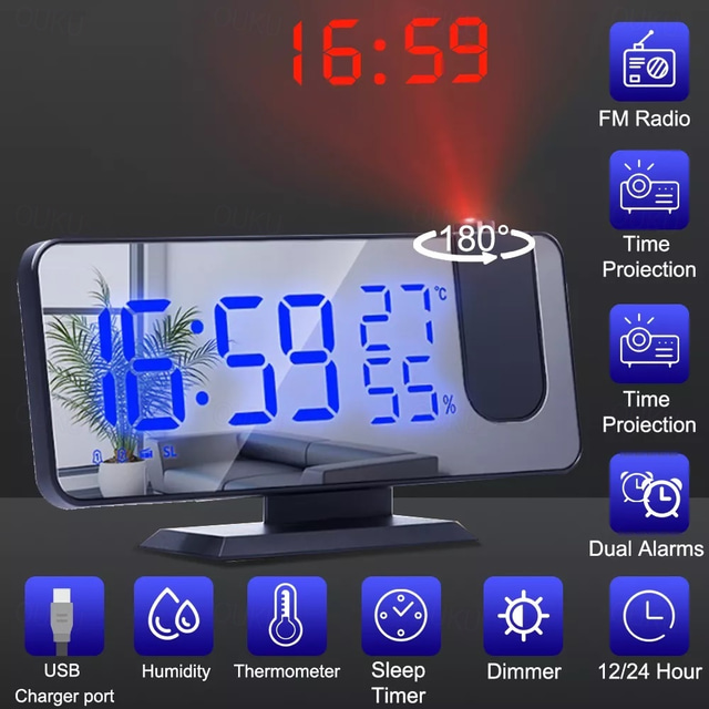 LED Digital Projection Alarm Clock Electronic Alarm Clock with ...