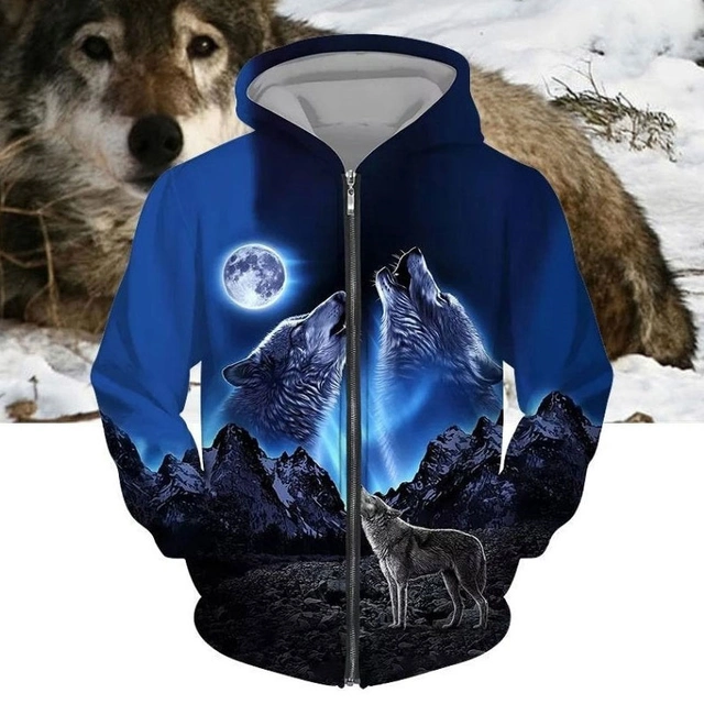 Men's Full Zip Hoodie Jacket Blue Hooded Wolf Graphic Prints Zipper ...