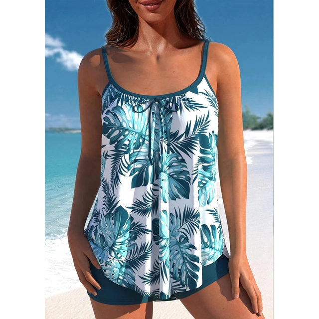 Damen Badeanzug Tankini 2 Stück Übergröße Bademode 2 teilig Gestreift Blumen Hellblau Schwarz ...