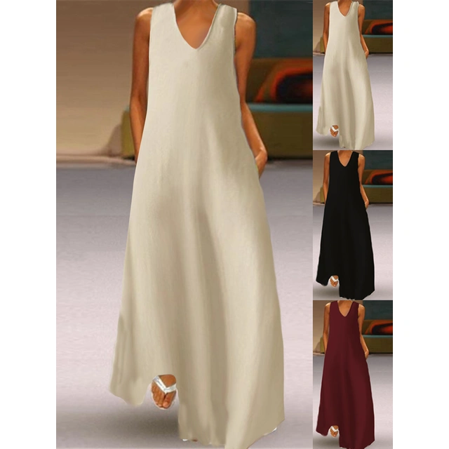Dames Casual jurk Katoenen linnen jurk Swingjurk Maxi-jurk Standaard Basic Dagelijks Vakantie V ...
