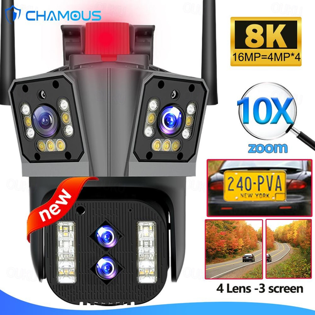 16MP 8K WiFi IP Camera 10X Zoom 4K Outdoor Security Camera Surveillance AI Track Four Lens Three ...