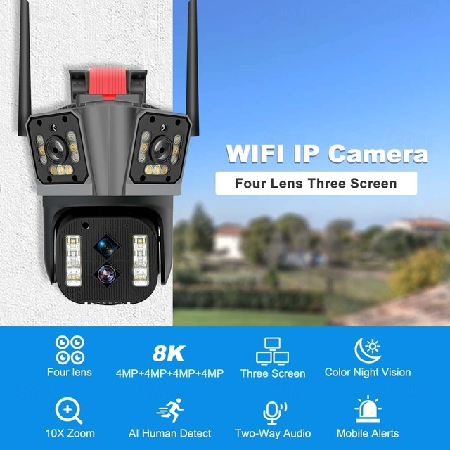 16MP 8K WiFi IP Camera 10X Zoom 4K Outdoor Security Camera Surveillance AI Track Four Lens Three ...