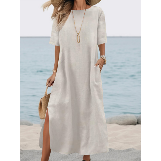 Dames Casual jurk Katoenen zomerjurk Witte katoenen jurk Maxi-jurk Linnen Zak Splitsen Basic ...
