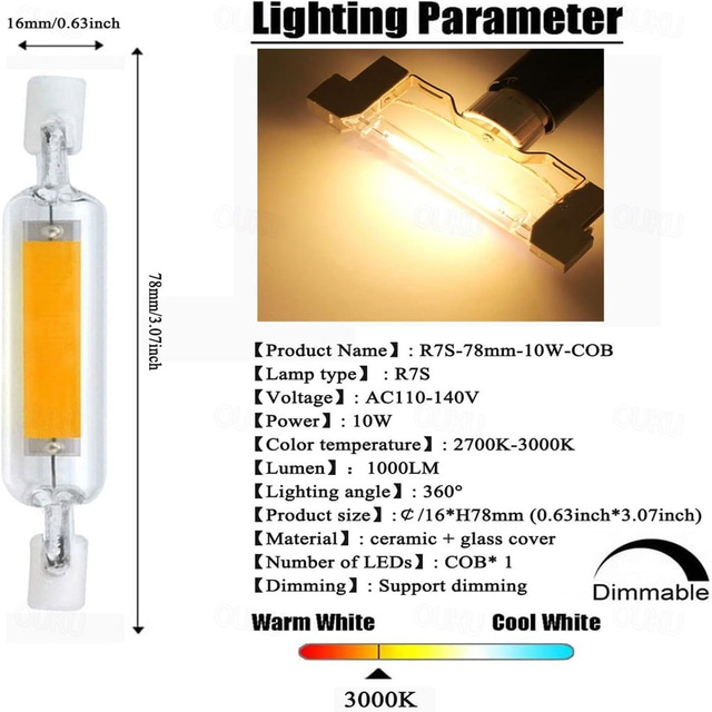 78mm R7S LED Bulbs 5/10W 50W/70W Halogen Enquivalent Double Ended J ...