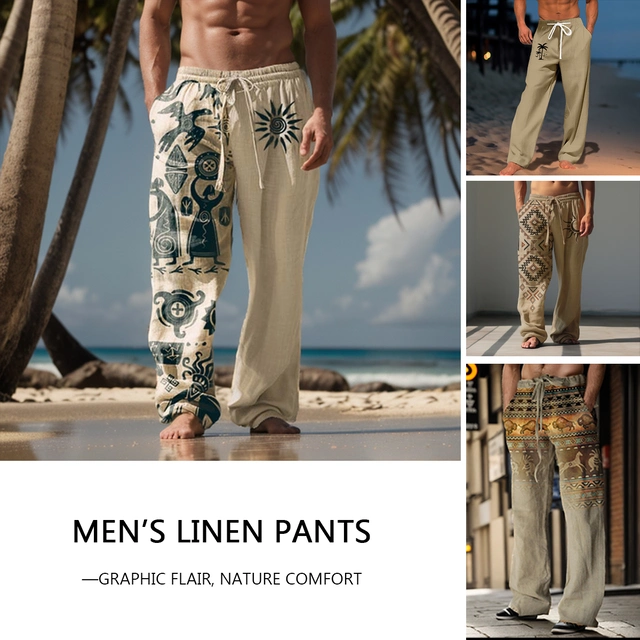 Men's Linen Pants Trousers Summer Pants Beach Pants Drawstring Elastic ...