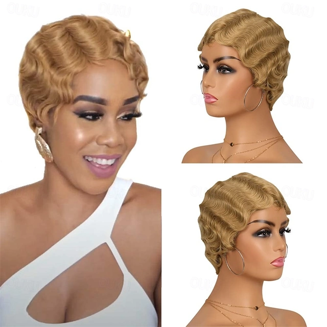 Wig Finger Wave Wig Short Syntheyic Hair Curly Wigs for Black Women ...