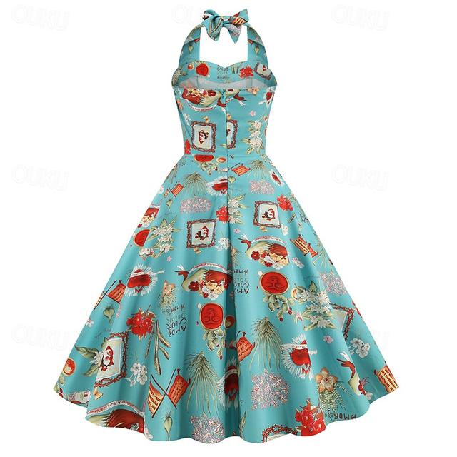 Retro Vintage 1950s Rockabilly Swing Dress Flare Dress A-Line Halter ...
