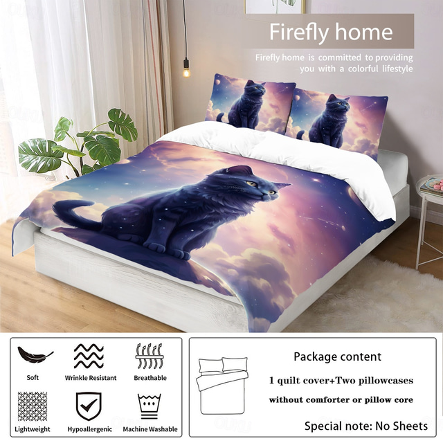 Starry Sky Black Night Cat Duvet Cover 3-piece Set Plush Cloth ...