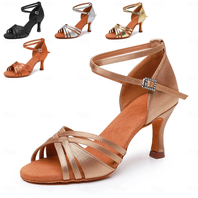 Women's Bronze Satin Latin Dance Shoes – Strappy Ballroom Sandals with ...