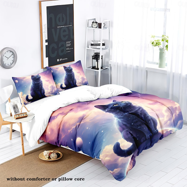 Starry Sky Black Night Cat Duvet Cover 3-piece Set Plush Cloth ...