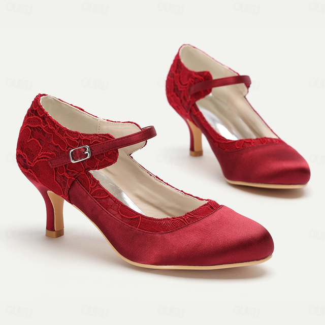 Women's Elegant Red Lace Satin Heels - Comfortable Mid-Heel Mary Jane ...