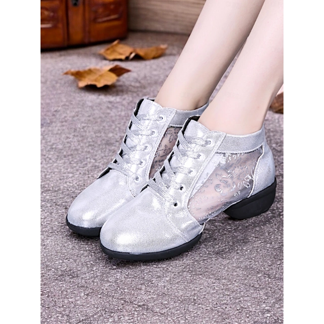 Women's Silver Lace-Up Dance Shoes with Mesh Floral Panels and Soft ...