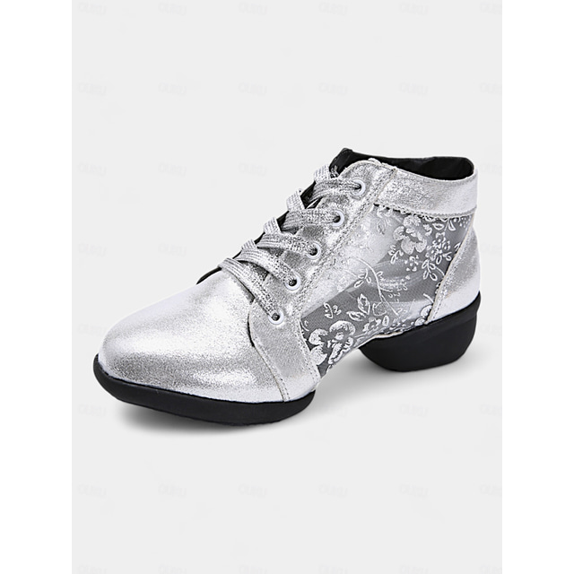 Women's Silver Lace-Up Dance Shoes with Mesh Floral Panels and Soft ...
