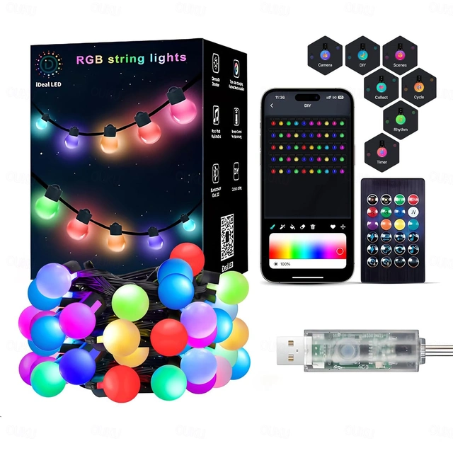 Dimmable RGB Outdoor String Lights 16ft 10m 25 LEDs, 32ft 5m 50 LEDs ...