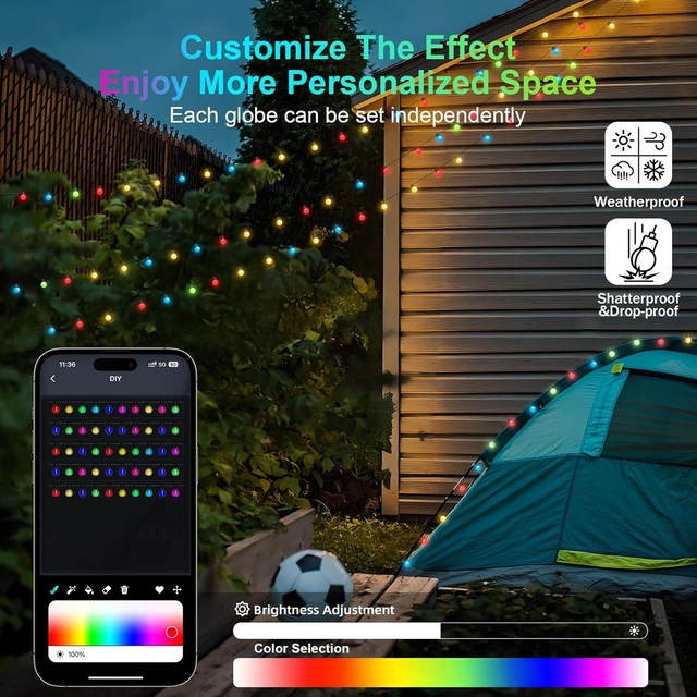 Dimmable RGB Outdoor String Lights 16ft 10m 25 LEDs, 32ft 5m 50 LEDs ...