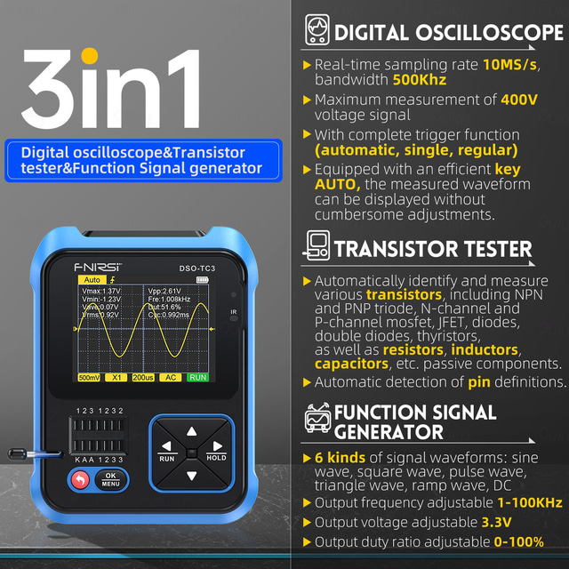 3-in-1 Digital Oscilloscope Portable Handheld Oscilloscope 500 kHz ...