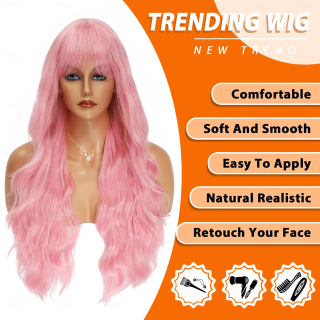Wig With Bangs Curly Wigs for Women Long Wavy Wig Synthetic Colorful ...