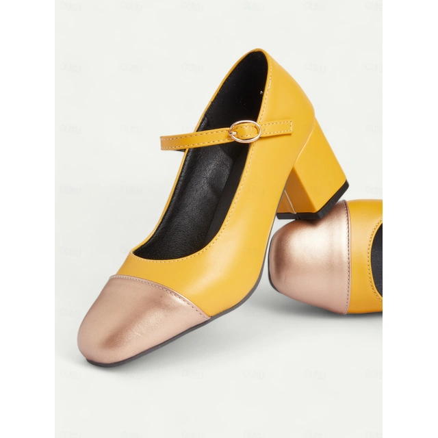 Women's Yellow Mary Jane Pumps with Metallic Toe Cap and Block Heels ...