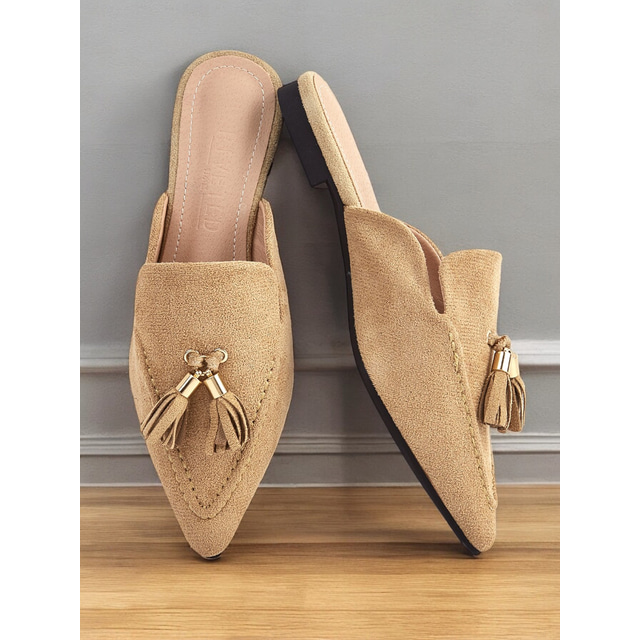 Women's Stylish Camel Suede Loafer Mules with Tassel Detail | Perfect ...