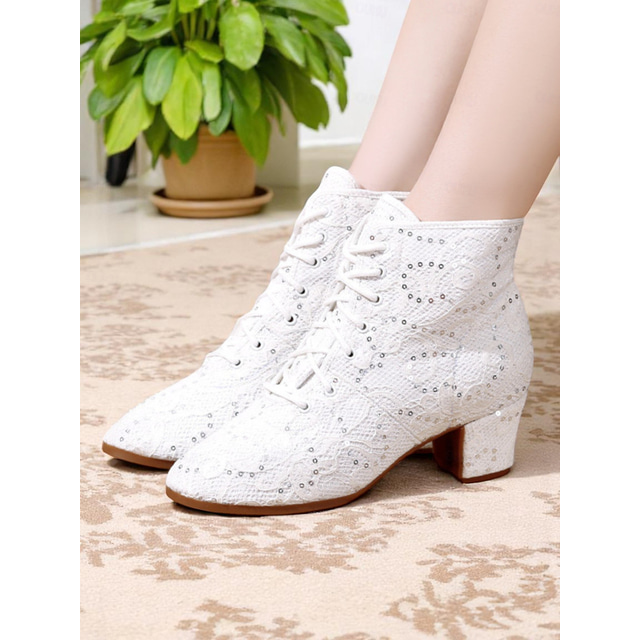 Women's White Lace-Up Performance Dance Boots with Rhinestone Accents ...