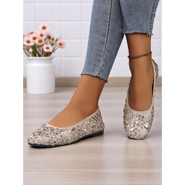 Women's Beige Sequin Ballet Flats - Comfortable and Chic Flats for ...