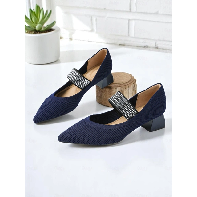 Women’s Army Green Knit Block Heel Pumps with Rhinestone Elastic Strap ...