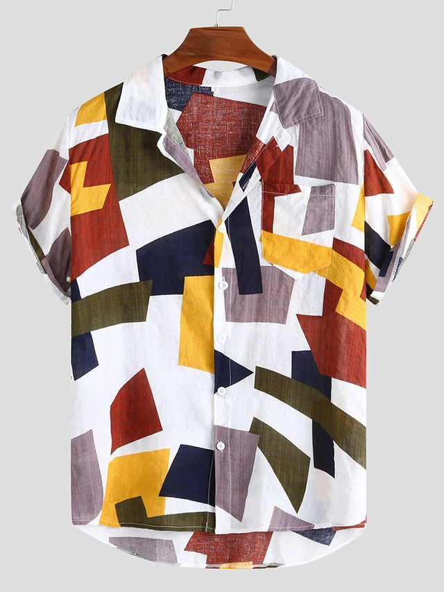 Men's Shirt Geometry Box Turndown Party Casual Button-Down Short Sleeve ...