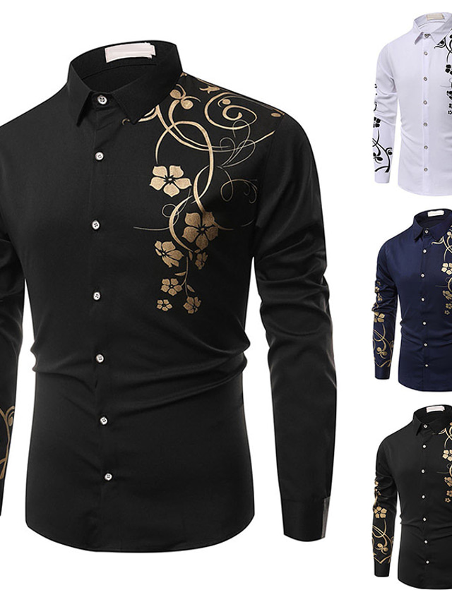 Homme Chemise Floral Col Rabattu Noir Blanche Bleu Print Extérieur