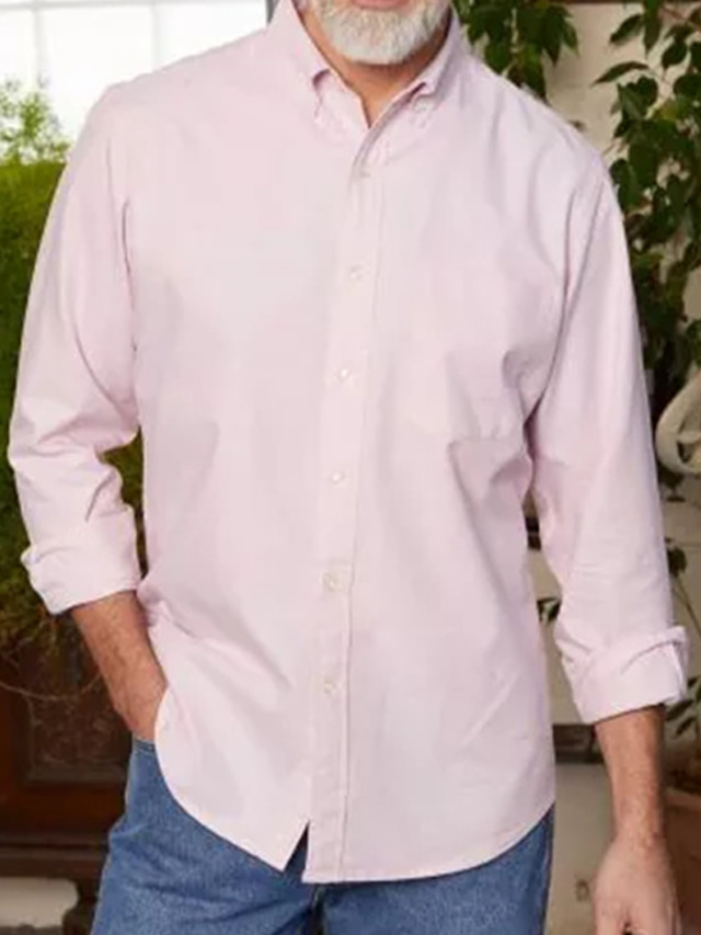 Men's Dress Shirt Solid Color Turndown Light Pink Wedding Work Long ...