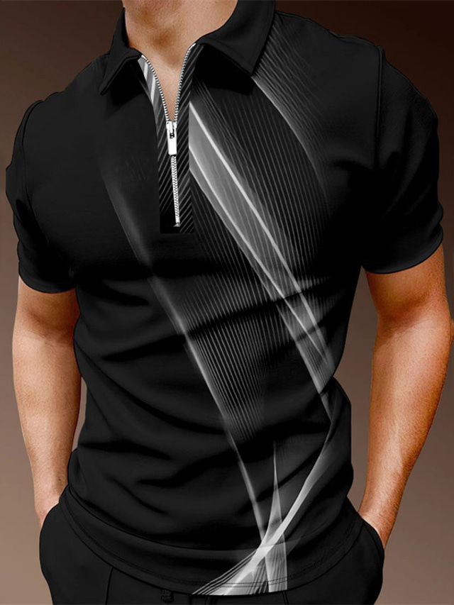 Men's Collar Polo Shirt Golf Shirt Streamer Turndown Black / White 3D ...