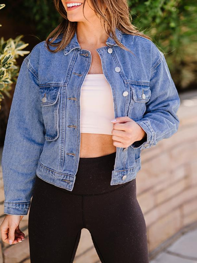 Women's Denim Jacket Regular Pocket Coat Navy Blue Casual Holiday ...