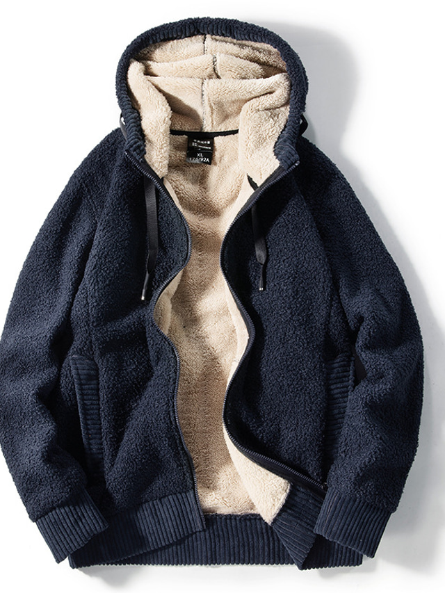 Men's Teddy Coat Full Zip Hoodie Jacket Blue Brown Black Hooded Solid ...