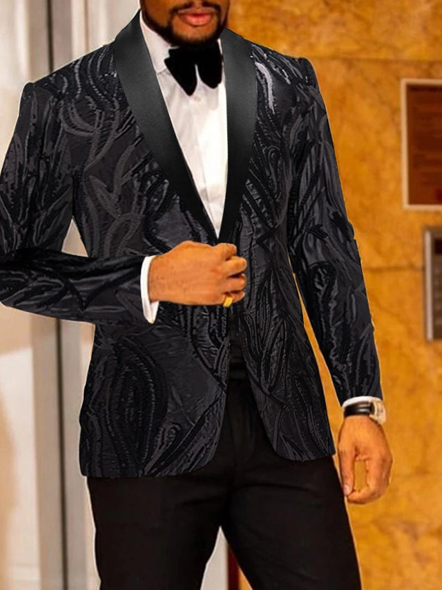 Black Men's Party Prom Tuxedos 2 Piece Sequin Floral Print Shawl Collar ...