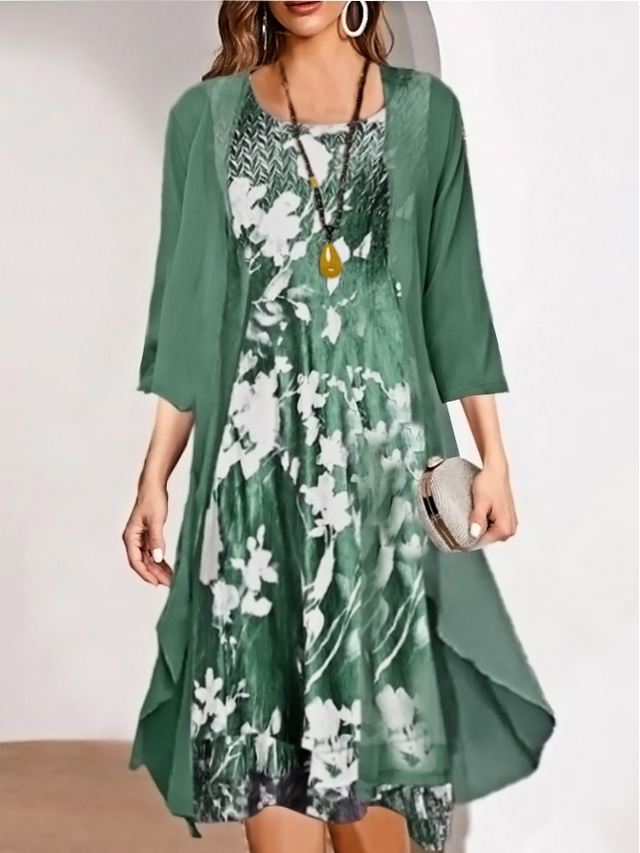 Damen Kleid-Set Zweiteiliges Kleid Midikleid Grün Blau Grau Halbe Ärmel Blumen Bedruckt Winter ...