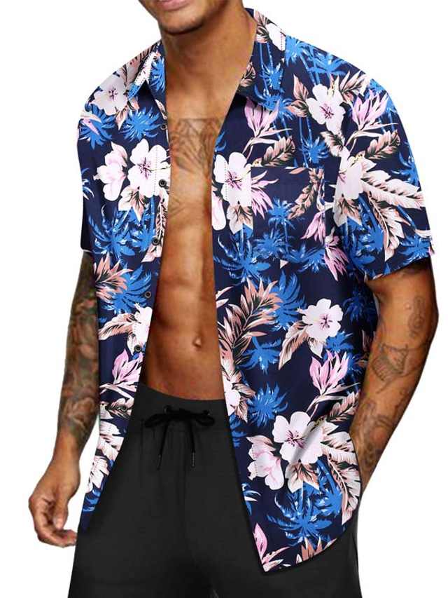 Men S Summer Hawaiian Shirt Floral Plants Turndown Light Pink Black