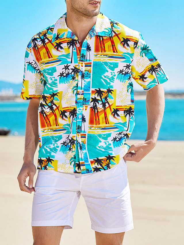 Men S Shirt Summer Hawaiian Shirt Graphic Prints Turndown Blue Yellow