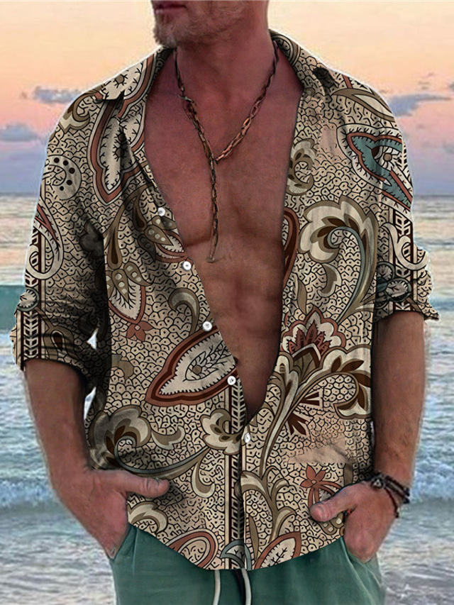 Homme Chemise Floral Imprimés Photos Rétro Vintage Col Rabattu Jaune