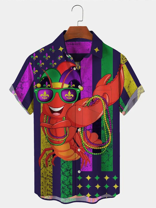 Men S Shirt Summer Hawaiian Shirt Striped Shrimp Mardi Gras Turndown