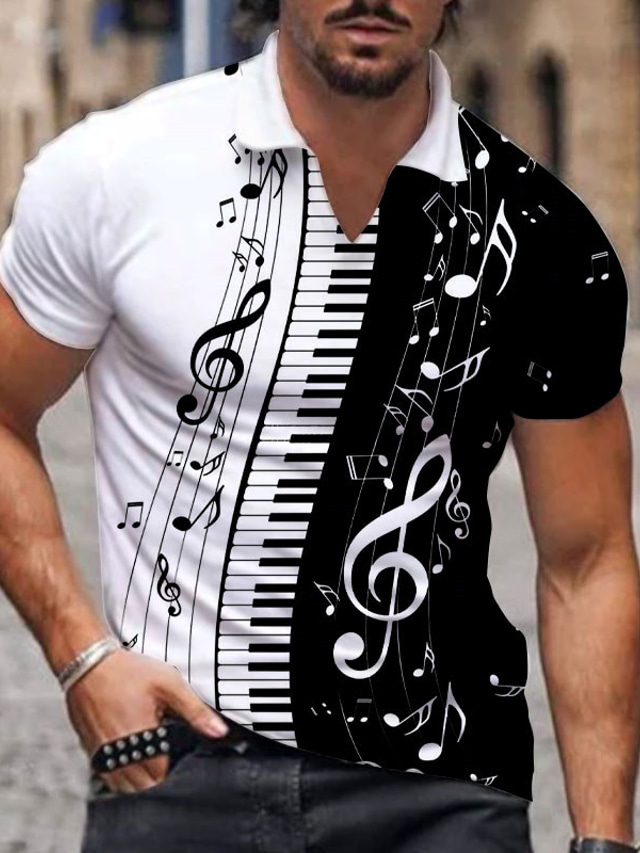 Men's Polo Shirt Golf Shirt Graphic Prints Music Notes V Neck Black ...