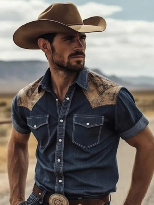 Hombre Camisa camisa occidental Cowboy Cuello Vuelto Azul Marino ...
