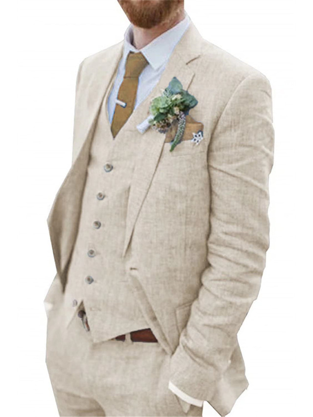 Costumes en lin Homme Mariage Ensemble de 3 pièces Bleu Ciel Noir Beige ...