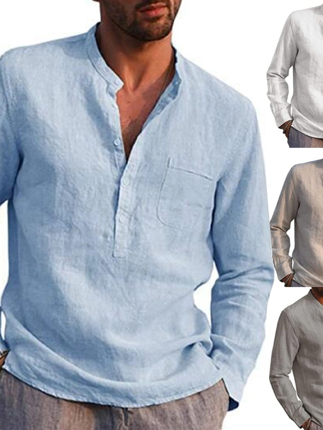 Chemise Lin Homme Bleu Ciel Vin Blanche Noir Gris Couleur unie Poche ...