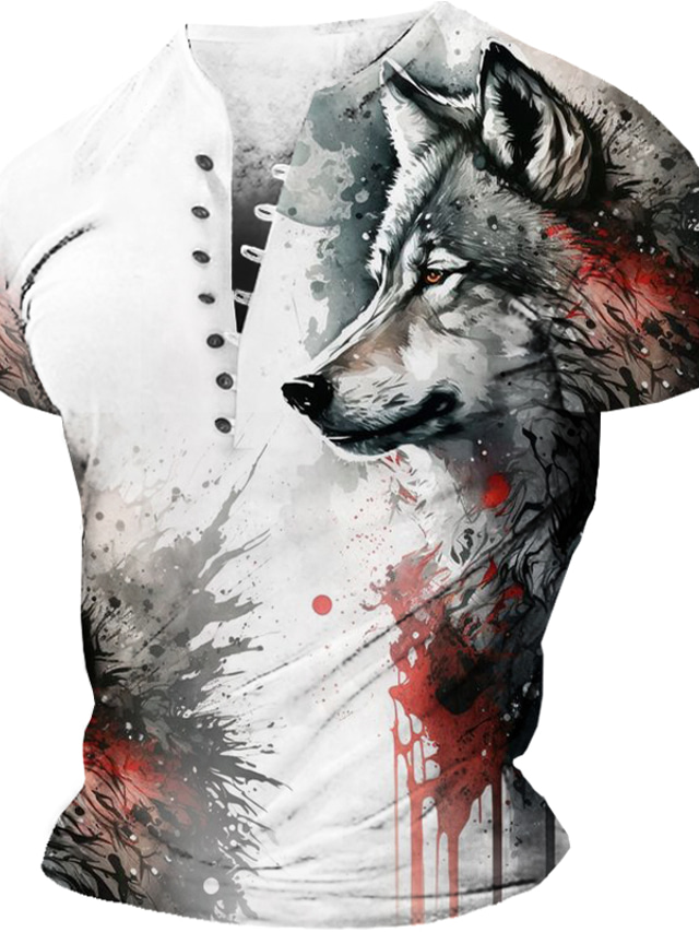 Herren T Shirt Henley Shirt Graphic Tier Wolf Henley Bekleidung 3D ...