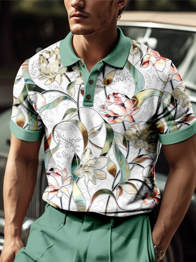 Men's Button Up Polos Lapel Polo Polo Shirt Golf Shirt Floral Graphic ...