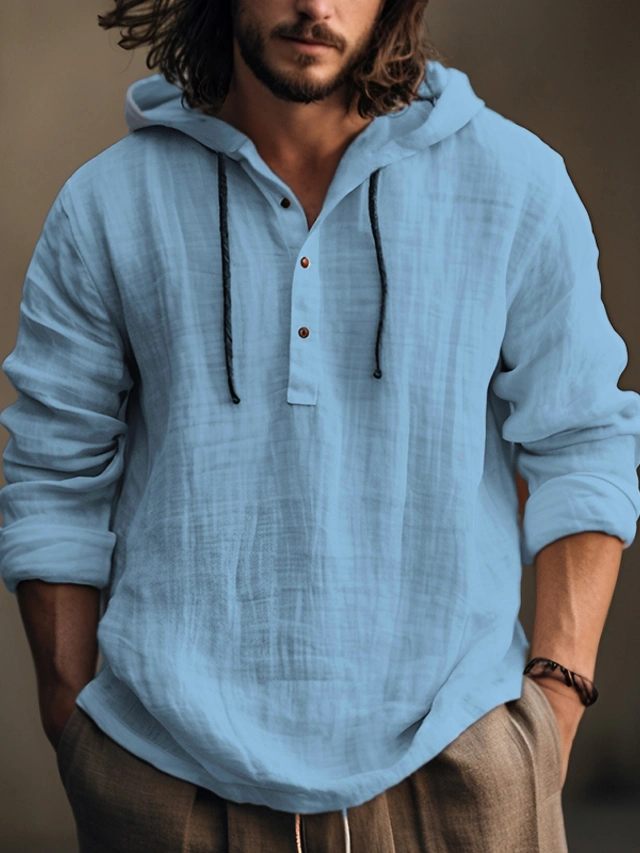 Men's Shirt Linen Shirt Hooded Shirt White Blue Brown Long Sleeve Plain ...