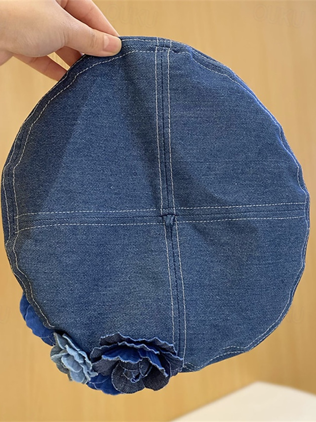 Vintage Flower Decor Beret Cap For Women Blue Denim Washed Berets ...